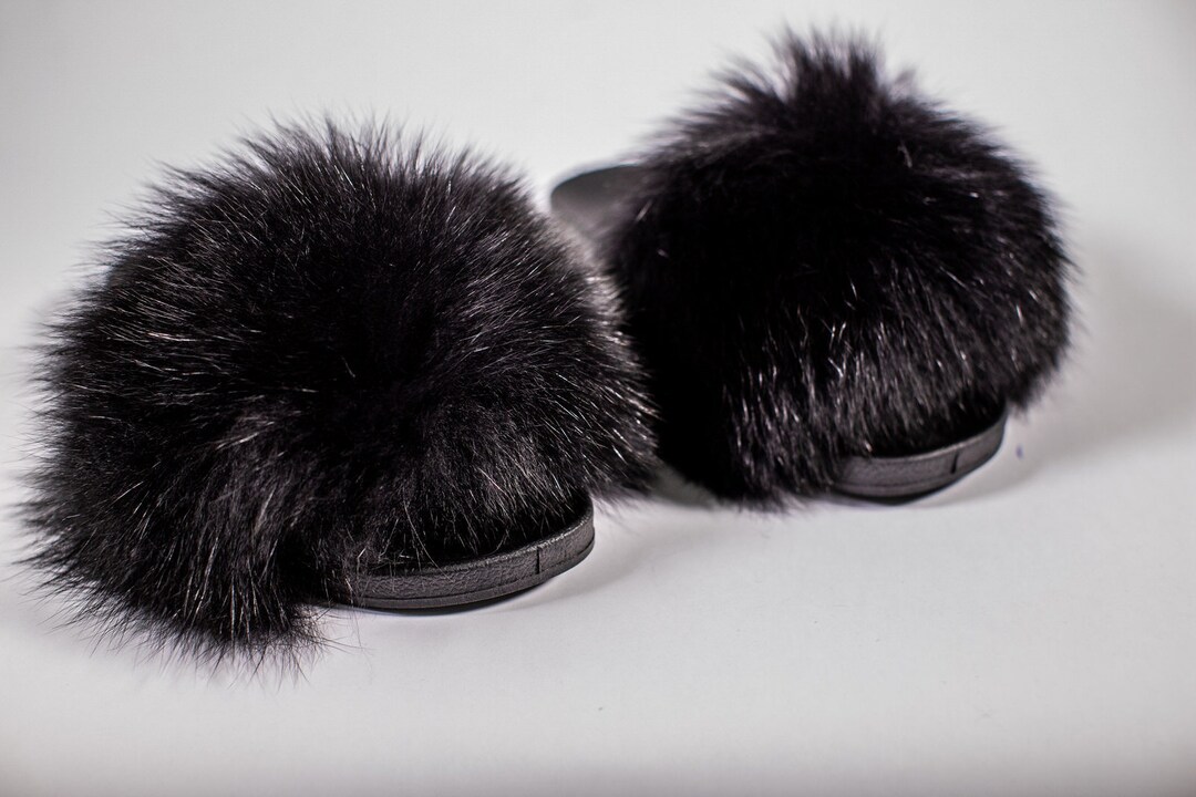 Black Real Fur Slides for Women - Etsy