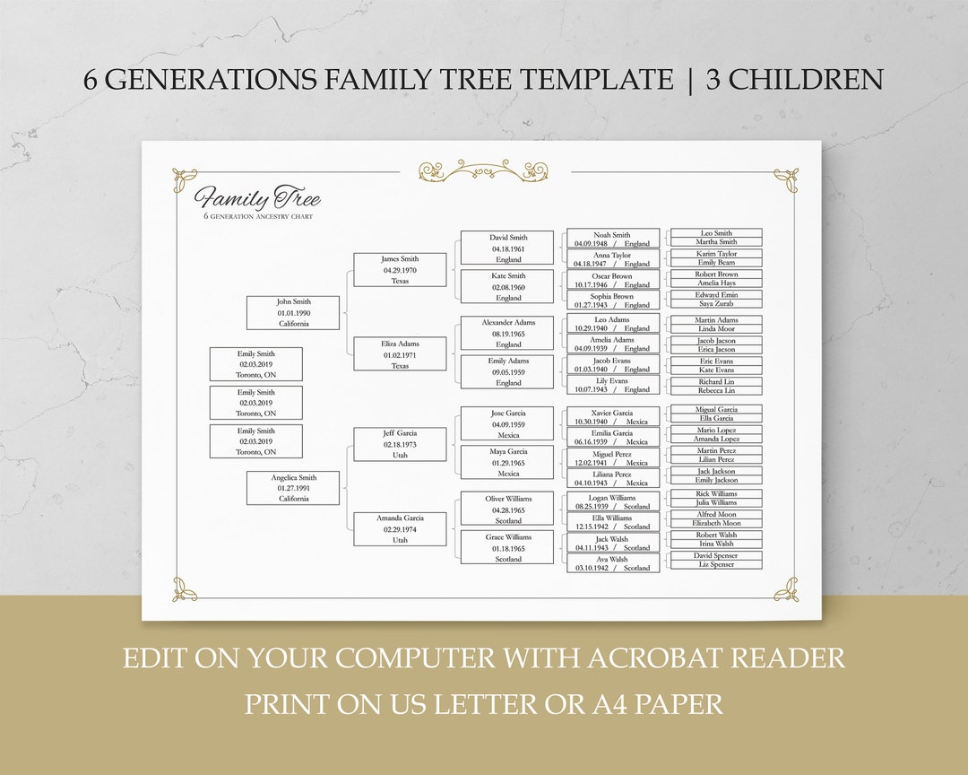 Family Tree Chart Fillable Template for 6 Generations, Ancestor Chart ...
