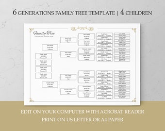 Editable 6 Generation Family Tree Chart, DIY Genealogy Chart, Ancestor ...