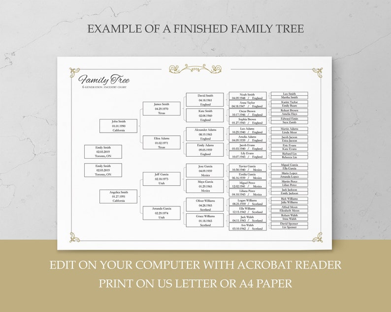 6 Generation Family Tree Editable Genealogy Template Genealogy Chart ...