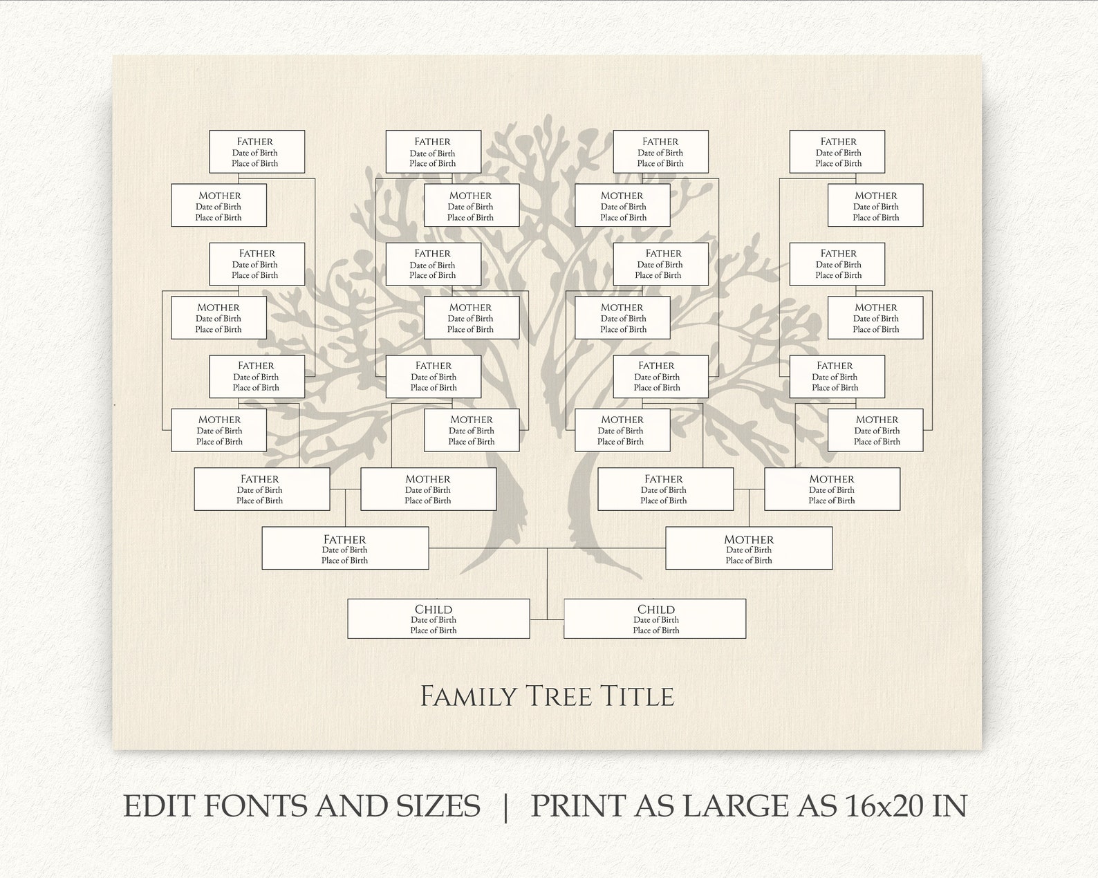 Editable Family Tree Chart Fillable Genealogy Chart 5 Generation Family ...