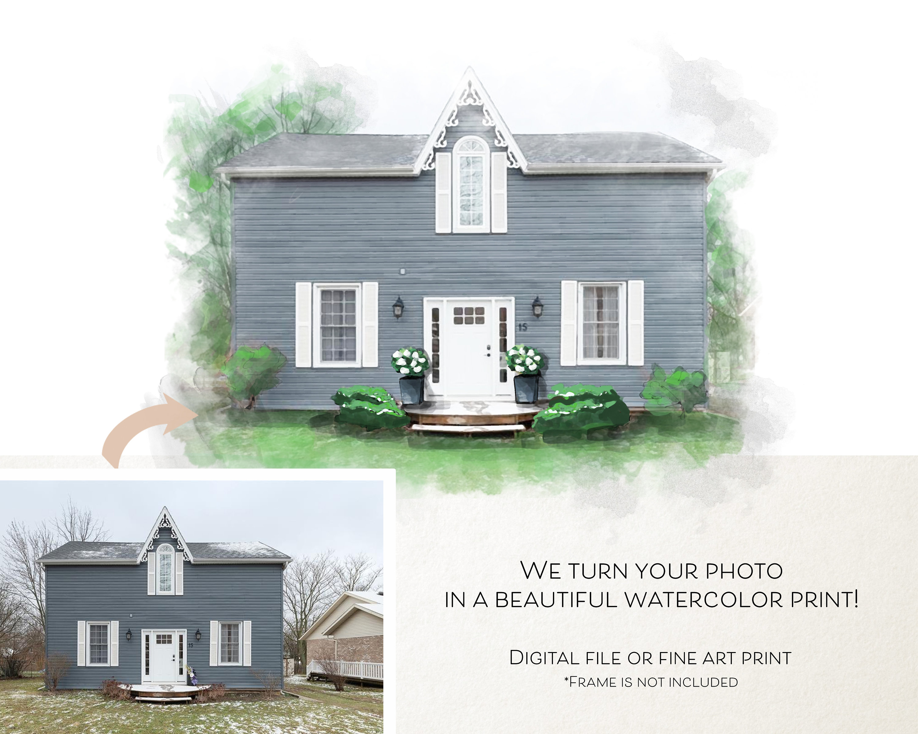 Custom Watercolor House Portrait Drawing From Photo Print of New Home ...