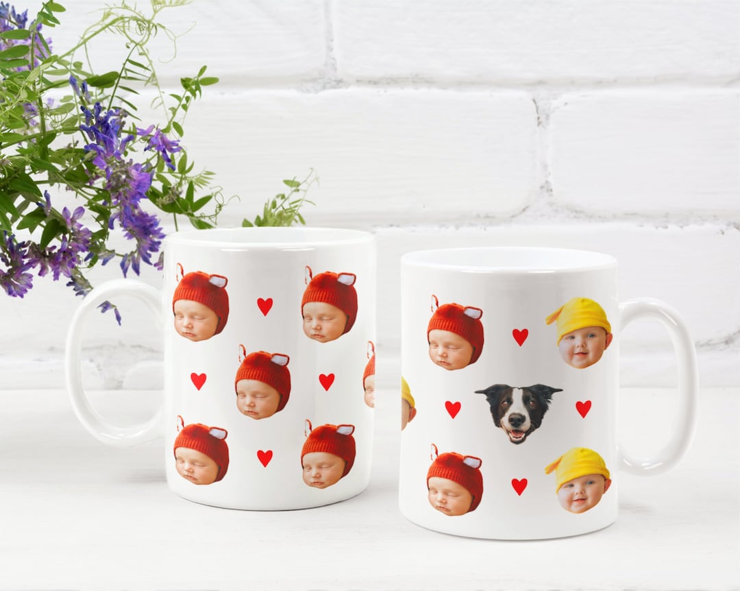 Personalized Face Pattern Mug With Heart - Custom Baby and Dog Face Mug ...
