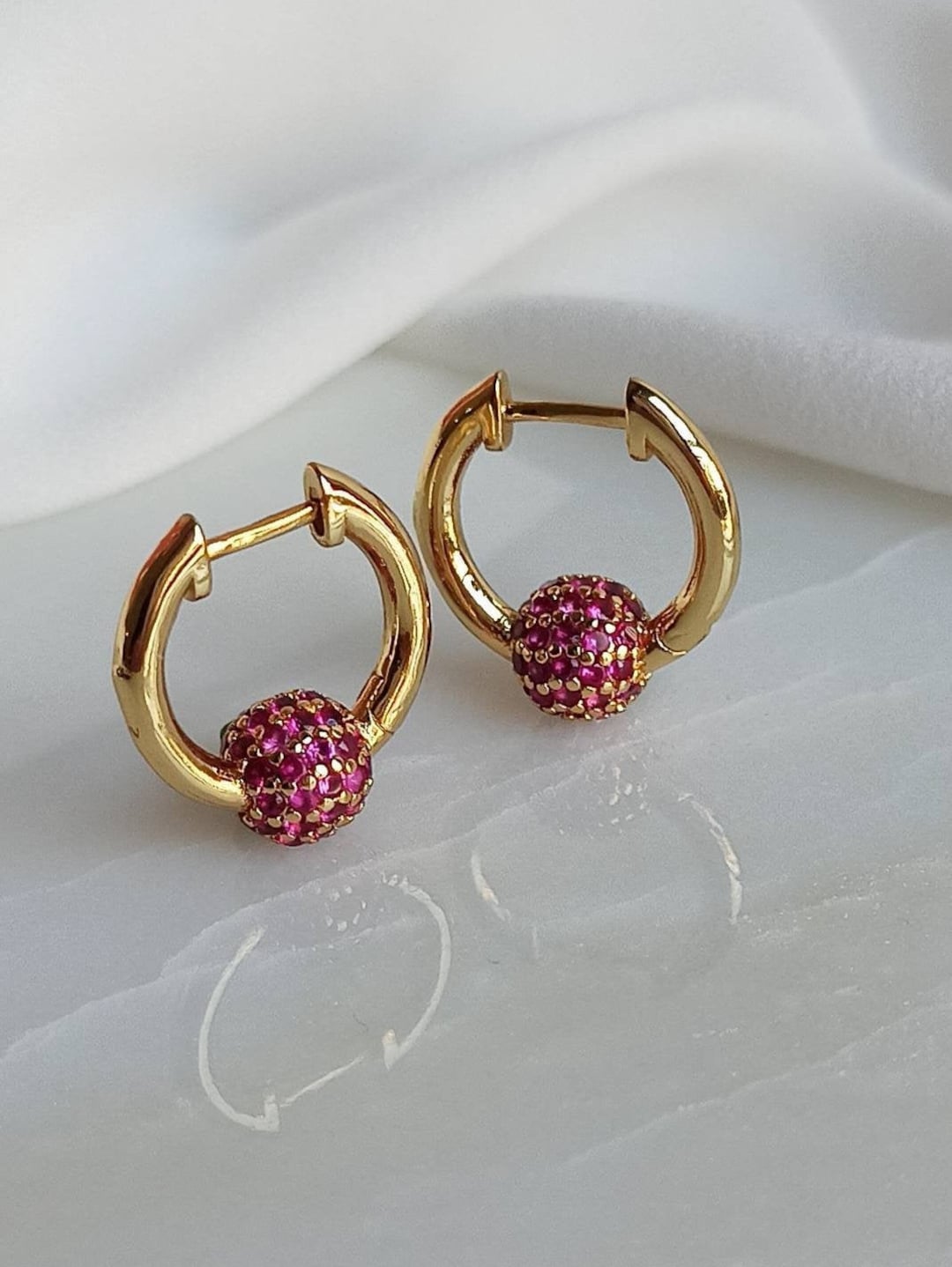 CZ Ruby Ball Hoop Earrings - Etsy