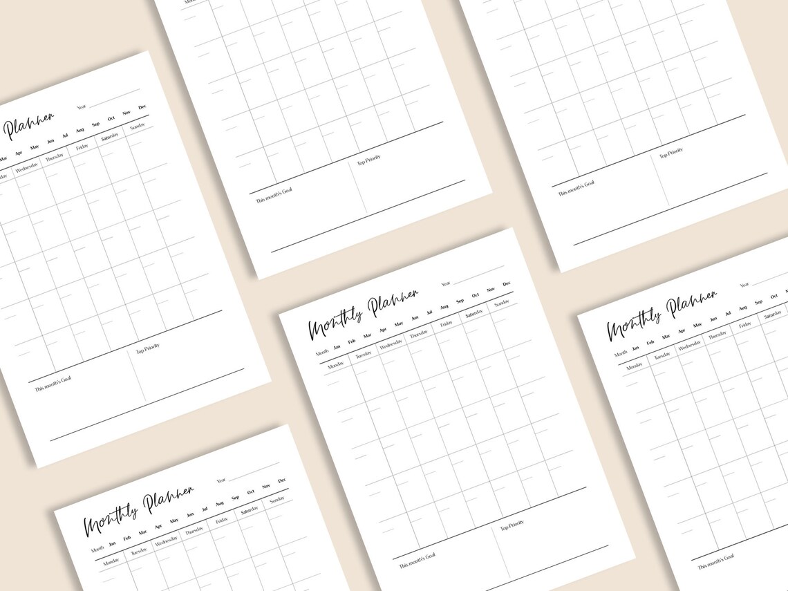 Monthly Planner Printable PDF, Undated Calendar Template, Journal ...