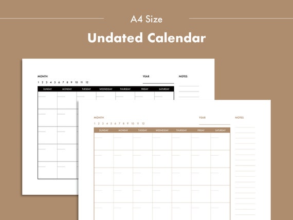 Undated Calendar Monthly Planner With Notes 2 Colors Sets A4 | Etsy