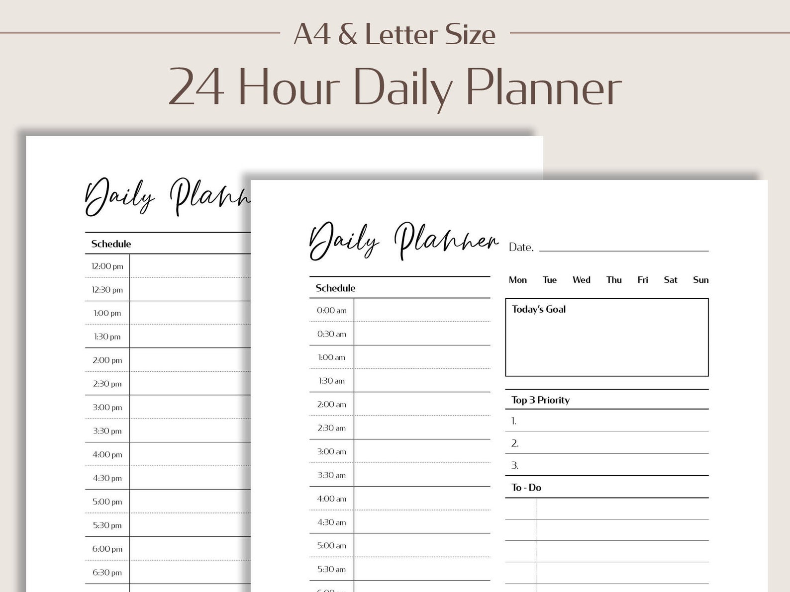 24 Hour Daily Planner Printable PDF, Half Hour Time Block, Instant ...