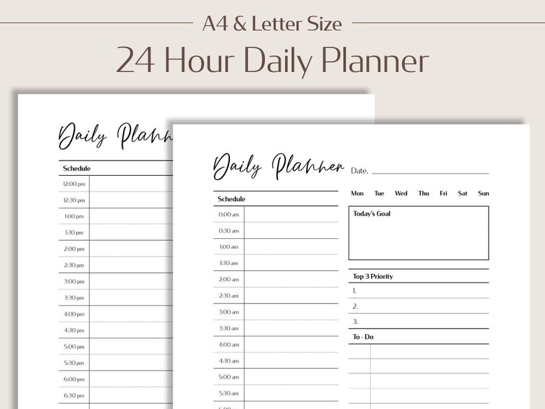 24 Hour Daily Planner Printable PDF, Half Hour Time Block, Instant ...