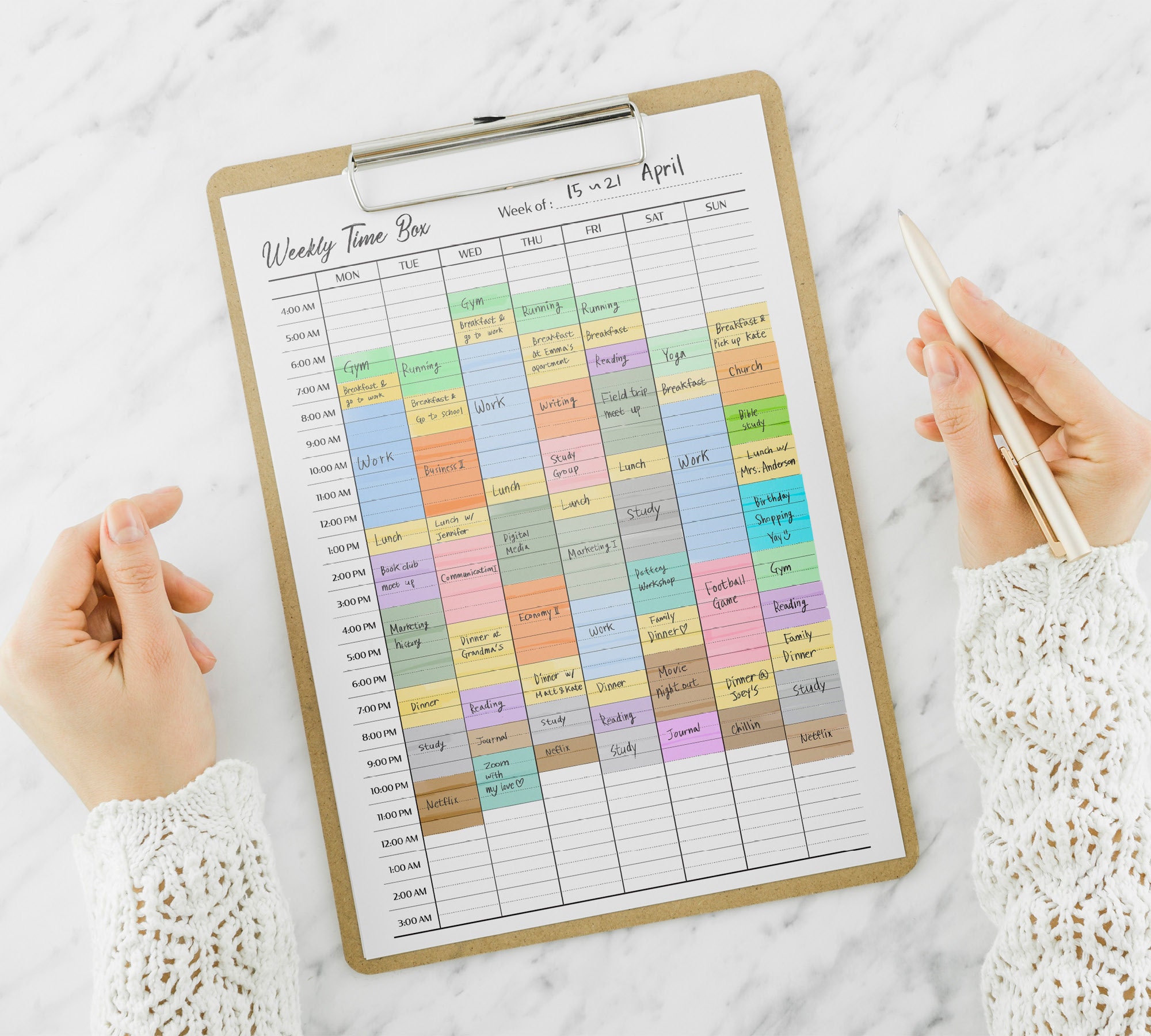 Weekly Hourly Time Box 24 Hours, Time Blocking Planner Printable PDF ...