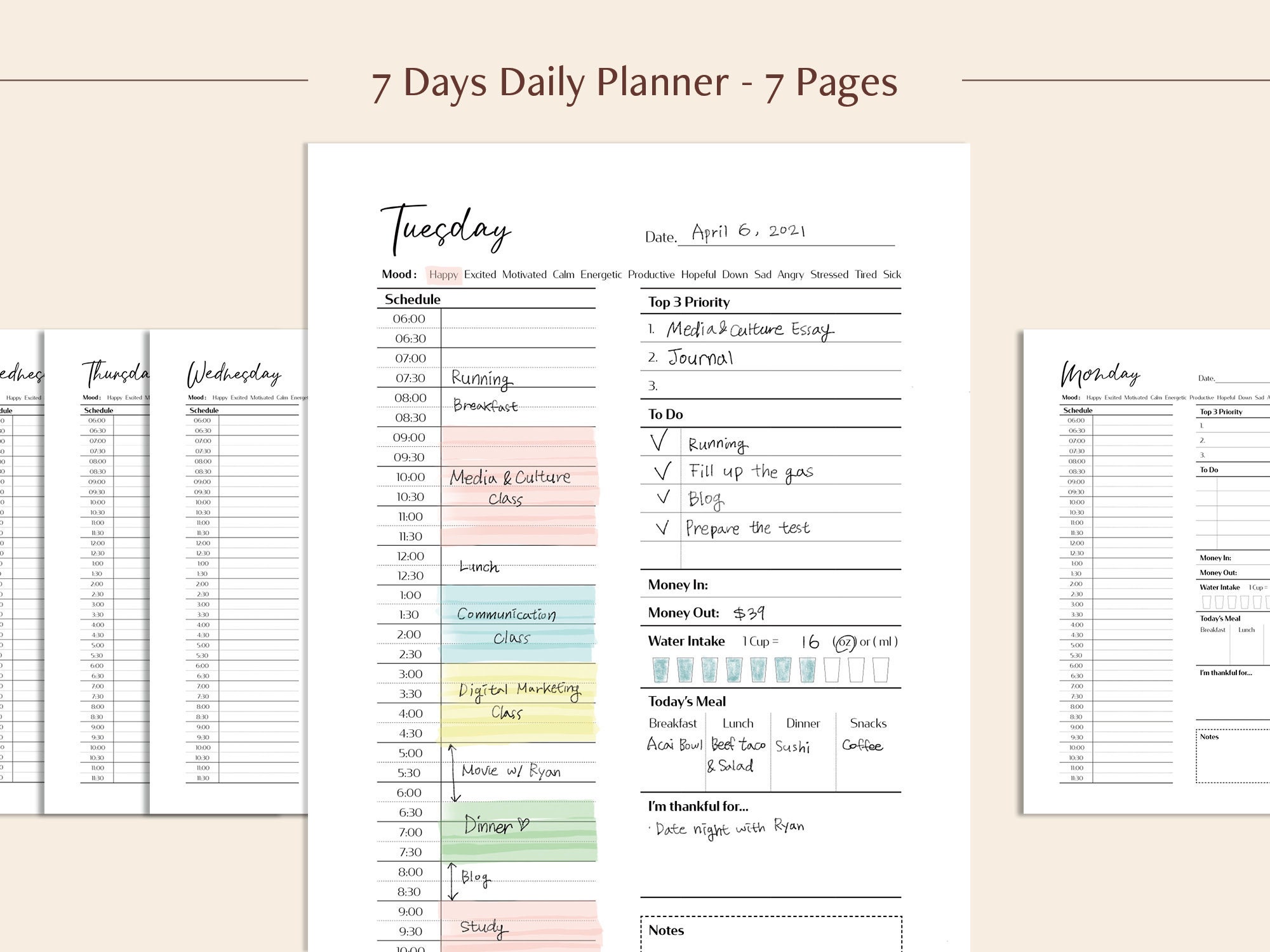 Daily Weekly Monthly Planner Printable PDF 7 Days Planner Insert, Time ...