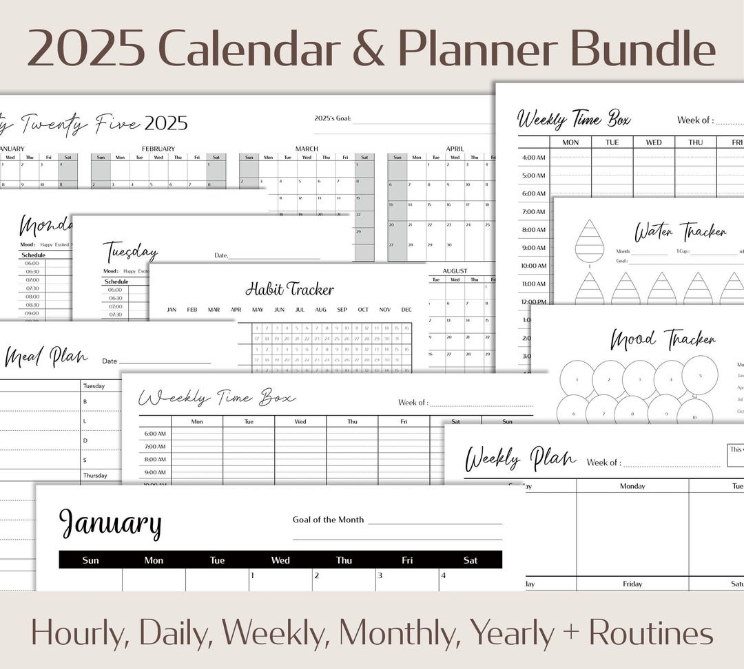 2025 Calendar Printable Planner Journal Bundle, Hourly Daily Weekly ...