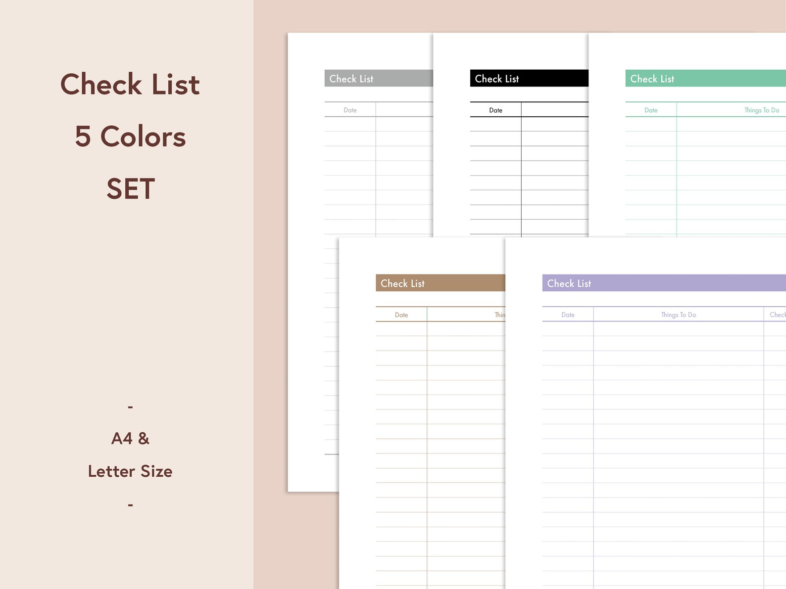Printable Check Lists PDF Set of 5 Different Colors A4 and Letter Size ...