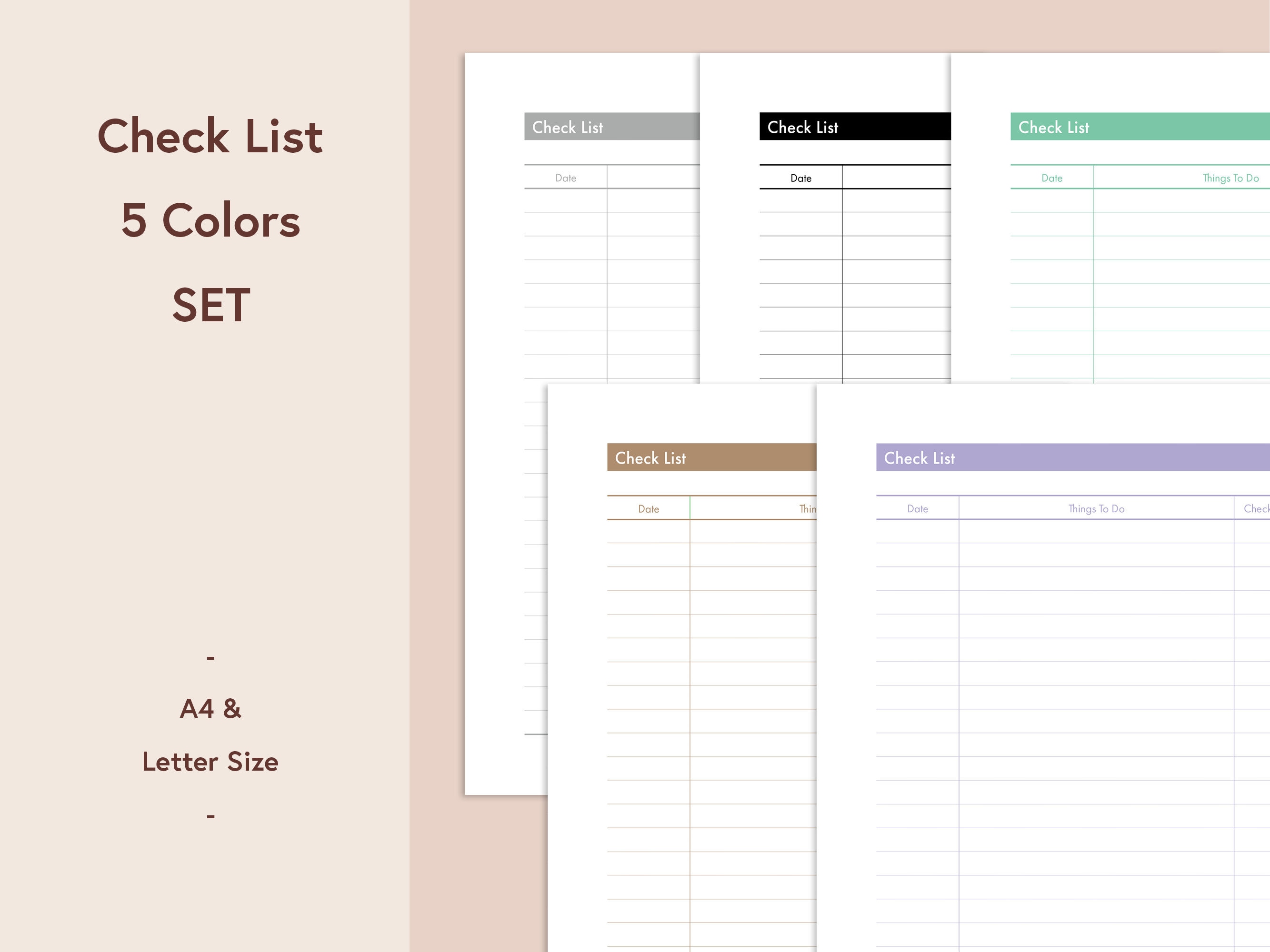 Printable Check Lists PDF Set of 5 Different Colors A4 and Letter Size ...