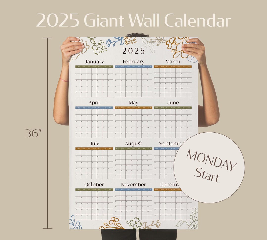 2025 Wall Calendar One Page | Year at a Glance Monday Start | Aesthetic ...