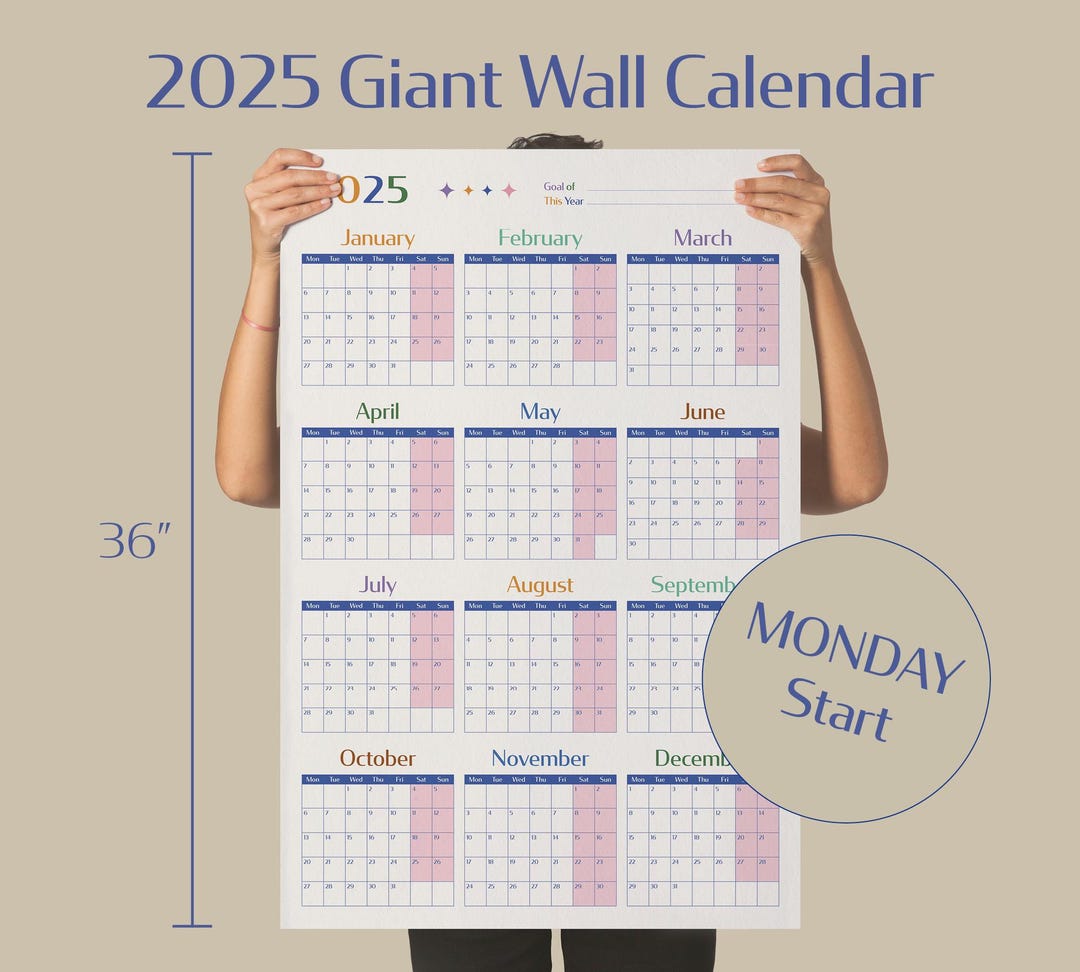 2025 Wall Calendar One Page Year at a Glance Monday Start Colorful ...