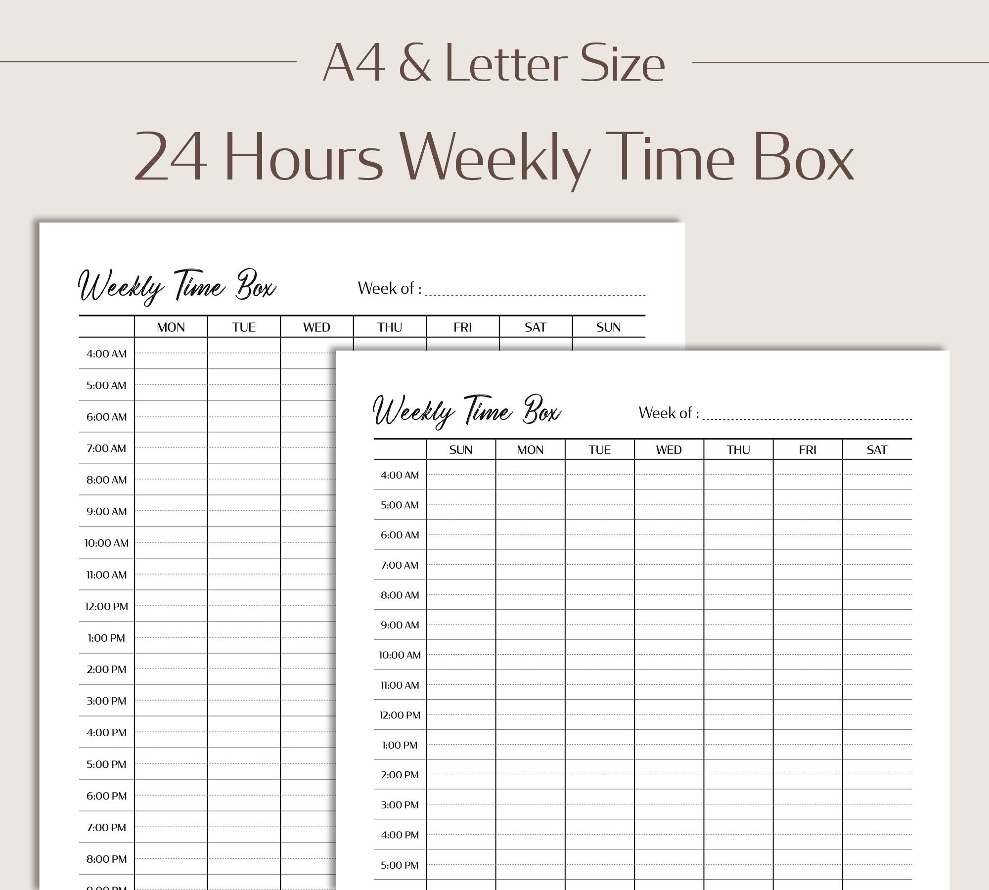 Weekly Hourly Time Box 24 Hours, Time Blocking Planner Printable PDF ...