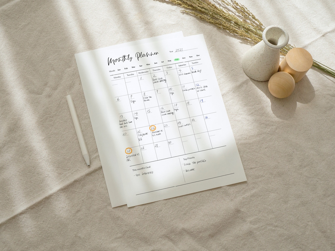 Monthly Planner Printable PDF, Undated Calendar Template, Journal ...