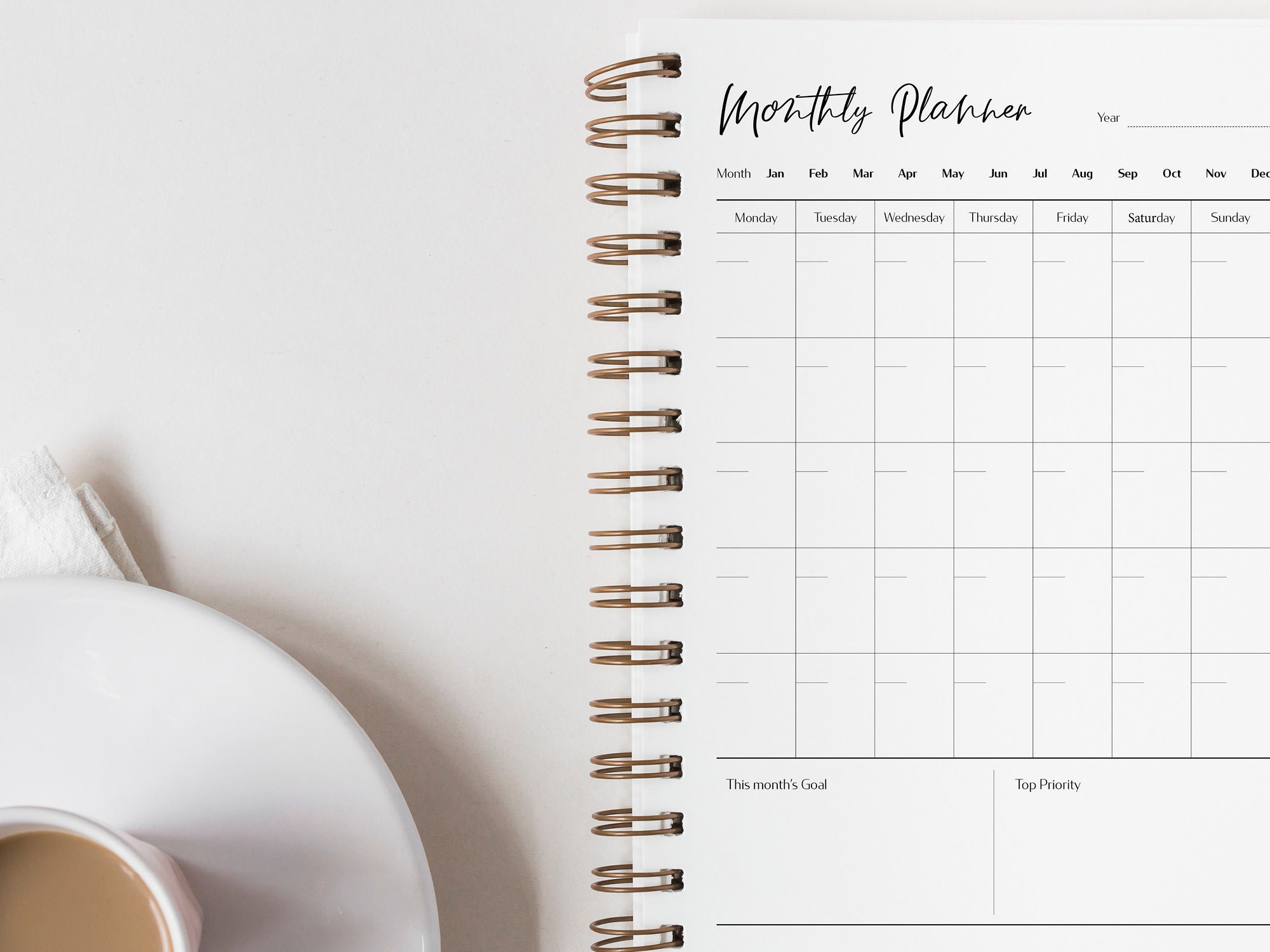 Monthly Planner Printable PDF, Undated Calendar Template, Journal ...