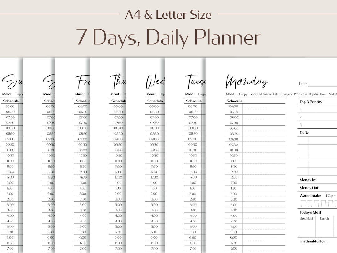 7 Days Daily Planner Printable PDF, Weekly Planner, Half Hourly Time ...