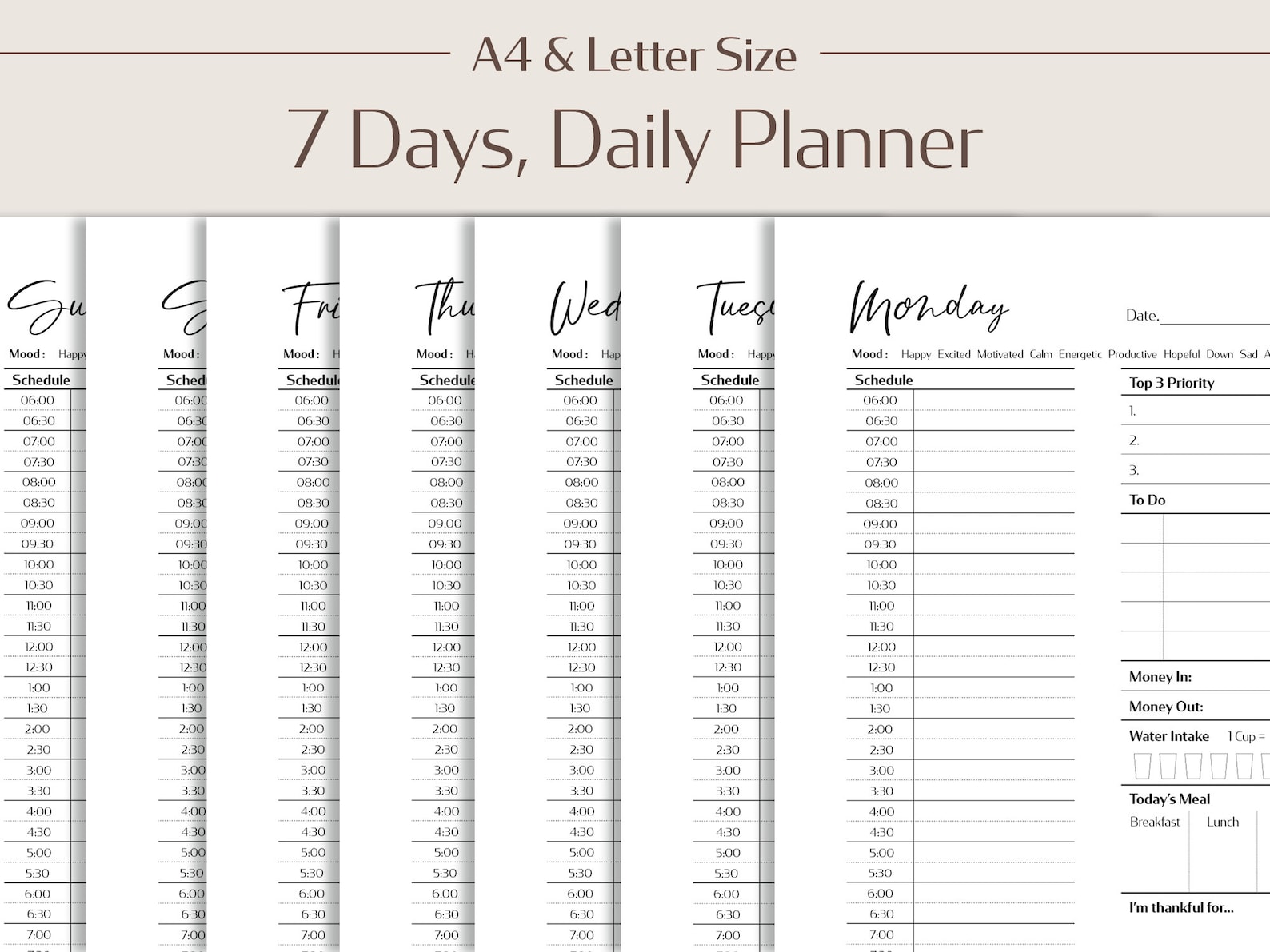 7 Days Daily Planner Printable PDF, Weekly Planner, Half Hourly Time ...