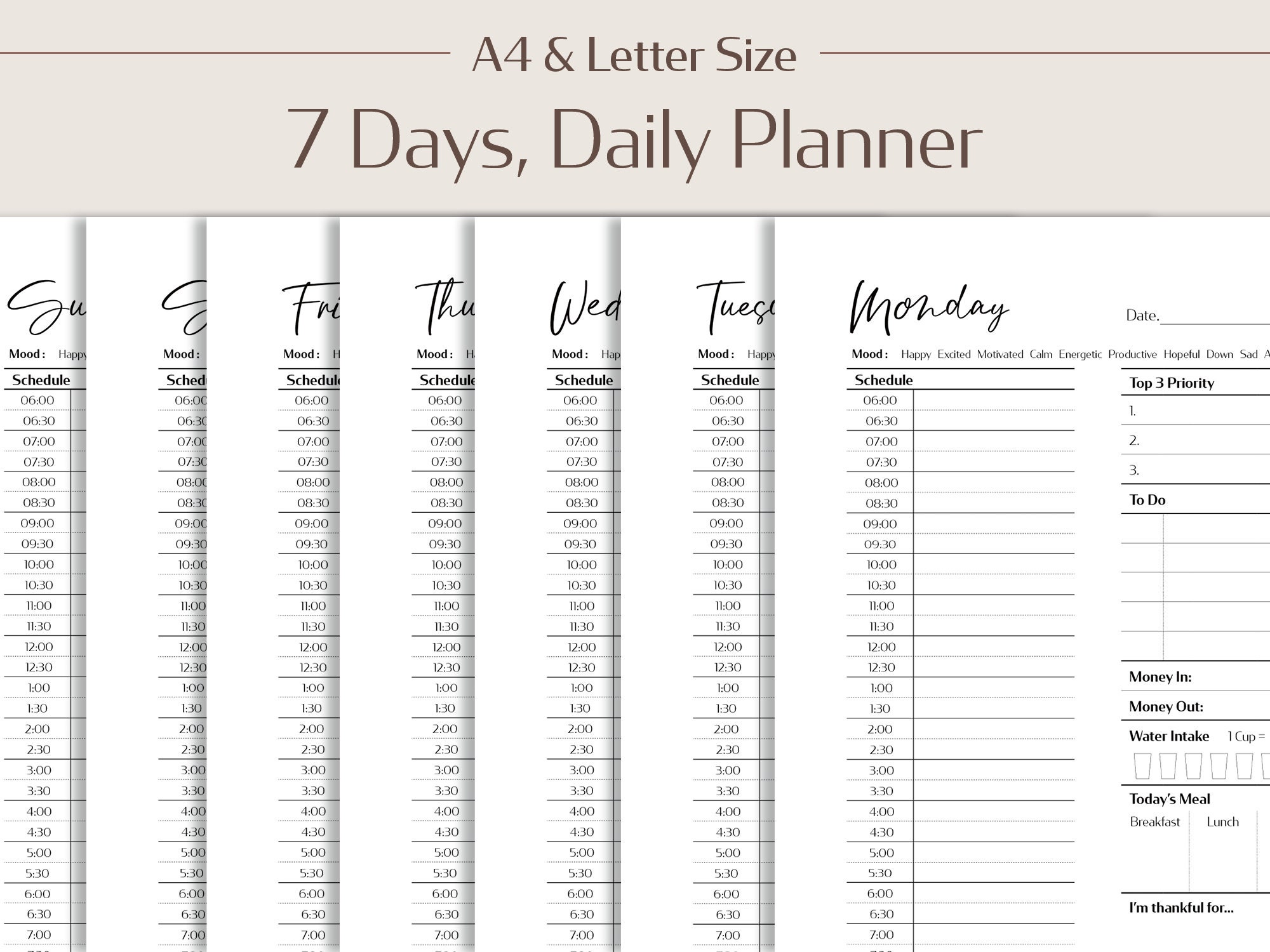7 Days Daily Planner Printable PDF, Weekly Planner, Half Hourly Time ...