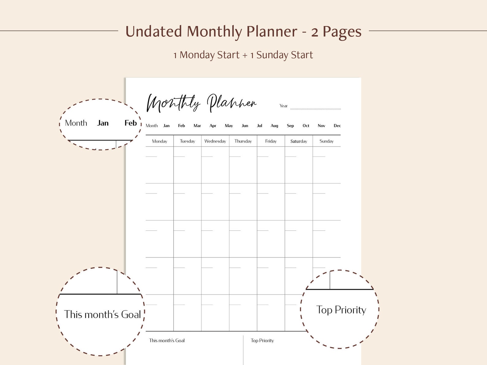 Monthly Planner Printable PDF, Undated Calendar Template, Journal ...