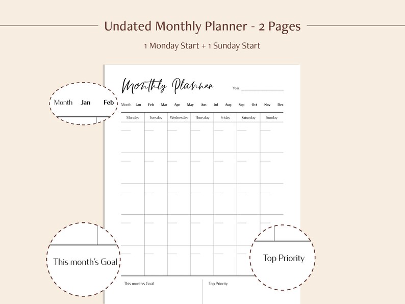 Monthly Planner Printable PDF, Undated Calendar Template, Journal ...