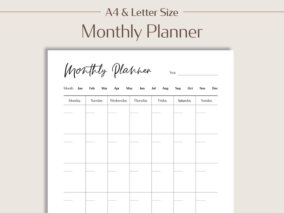 Monthly Planner Printable PDF, Undated Calendar Template, Journal ...
