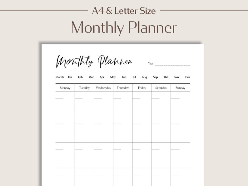 Monthly Planner Printable PDF, Undated Calendar Template, Journal ...