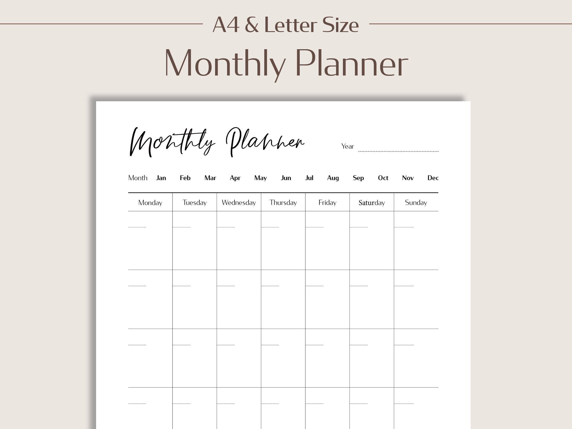 Monthly Planner Printable PDF, Undated Calendar Template, Journal ...