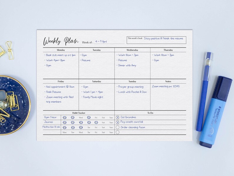 Weekly Planner Printable, Weekly Schedule Landscape PDF With Habit ...