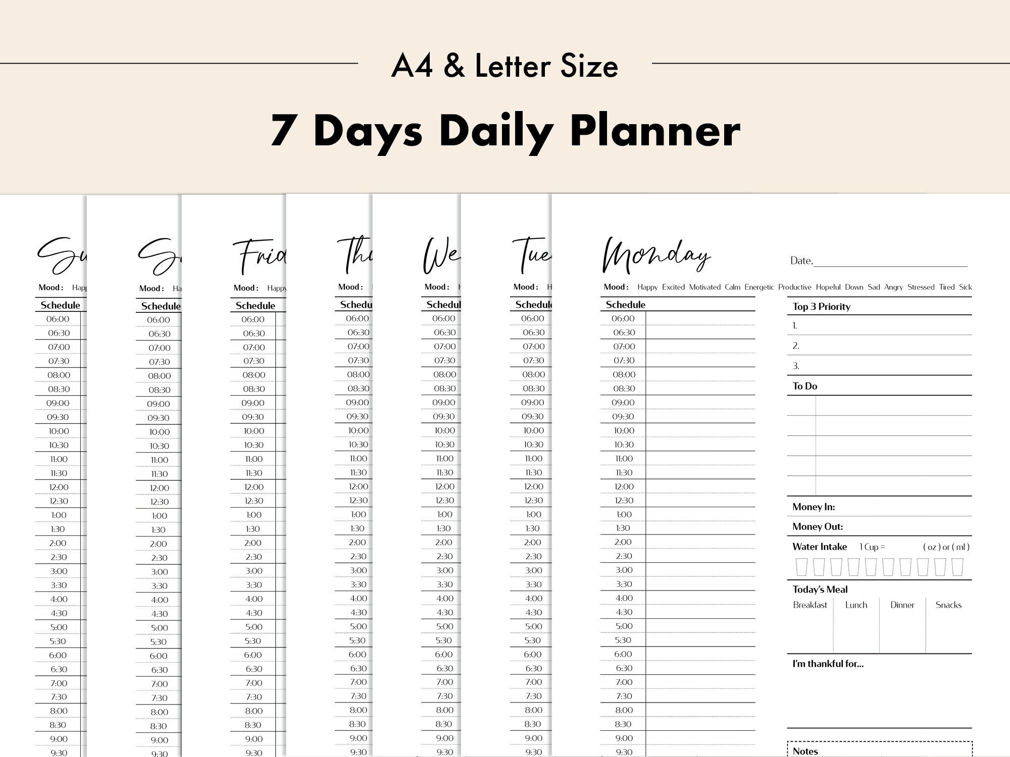 7 Days Daily Planner Printable PDF Weekly Planner Half Hourly | Etsy ...