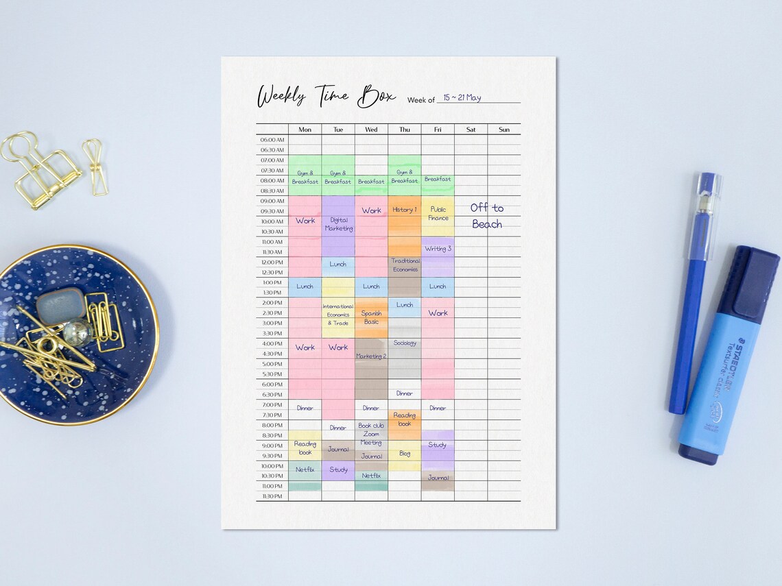 Hourly Weekly Time Blocking Box, Printable Planner PDF, School Planner ...