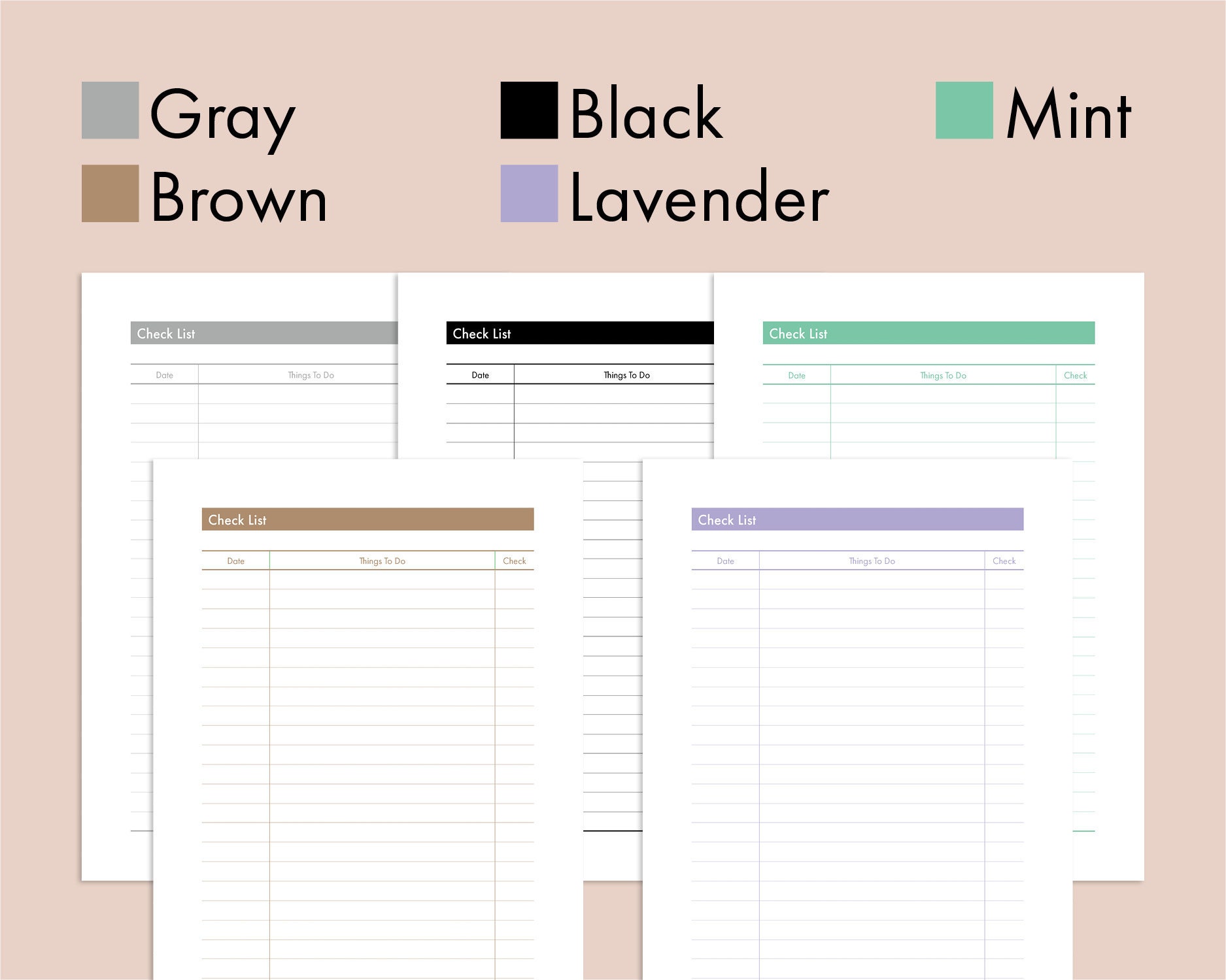 Printable Check Lists PDF Set of 5 Different Colors A4 and Letter Size ...