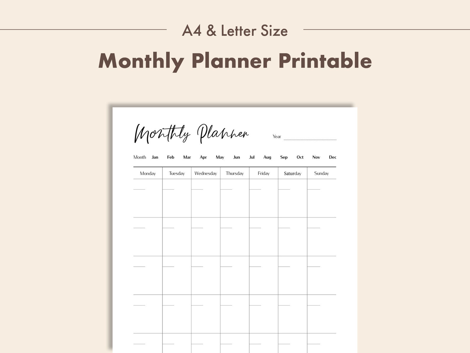 Monthly Planner Printable PDF Undated Calendar Template - Etsy