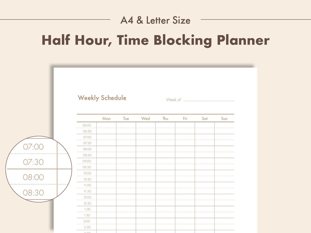 Half Hourly Schedule Planner Template PDF for a Week. Time Blocking ...