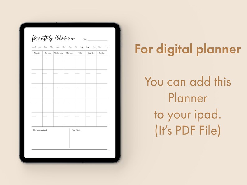 Monthly Planner Printable PDF, Undated Calendar Template, Journal ...