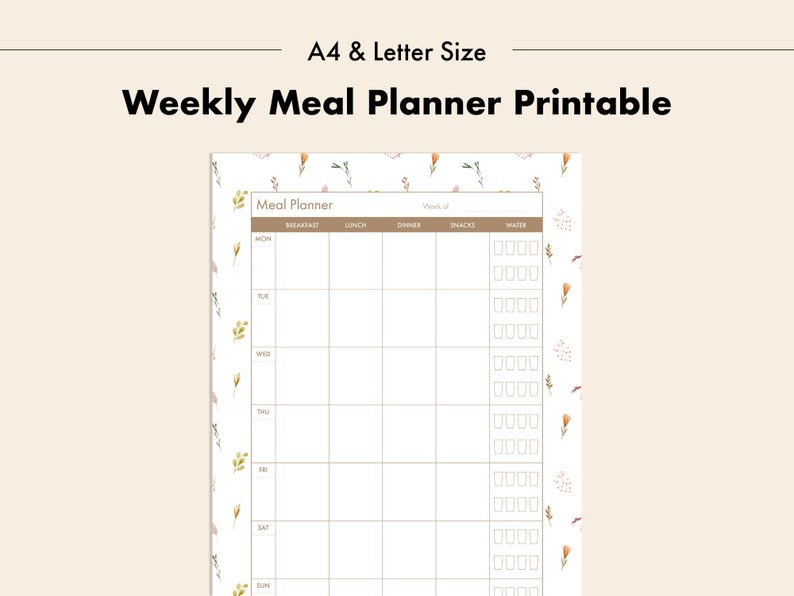 Meal Planner Printable PDF Floral Meal Tracker A4 Letter Size Health ...