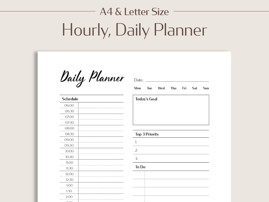 Hourly Daily Planner Template, PDF Printable Planner, Half-hour Time ...