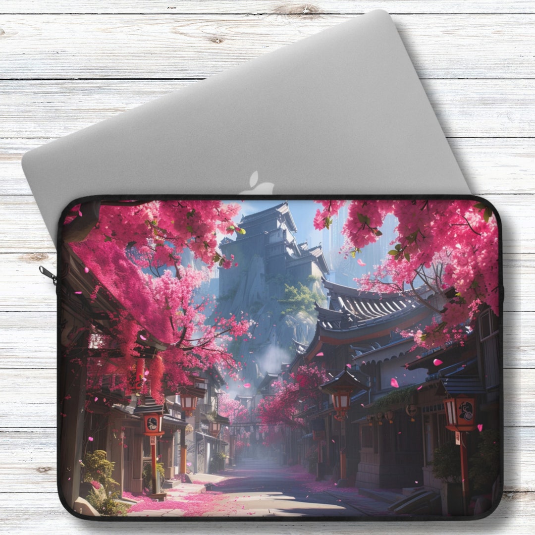 Japanese Village With Cherry Blossoms and Mountains Laptop or iPad ...