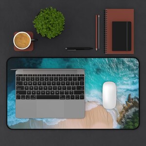 Captivating Coastal Deep Blue Waves Crashing Against Sandy Beach Desk ...