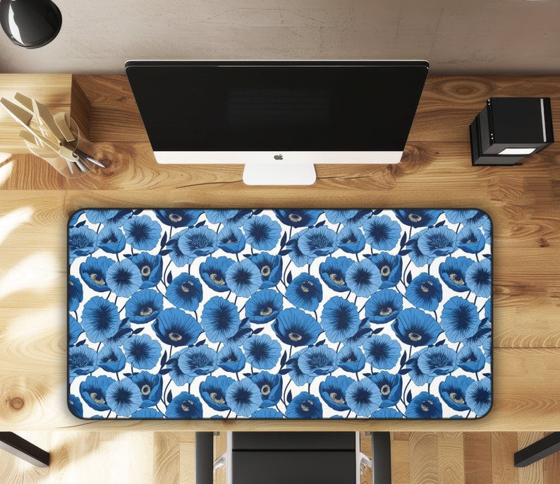 Vivid Blooms Bright Blue Poppies Design Large Gaming Mouse Pad Desk Mat ...