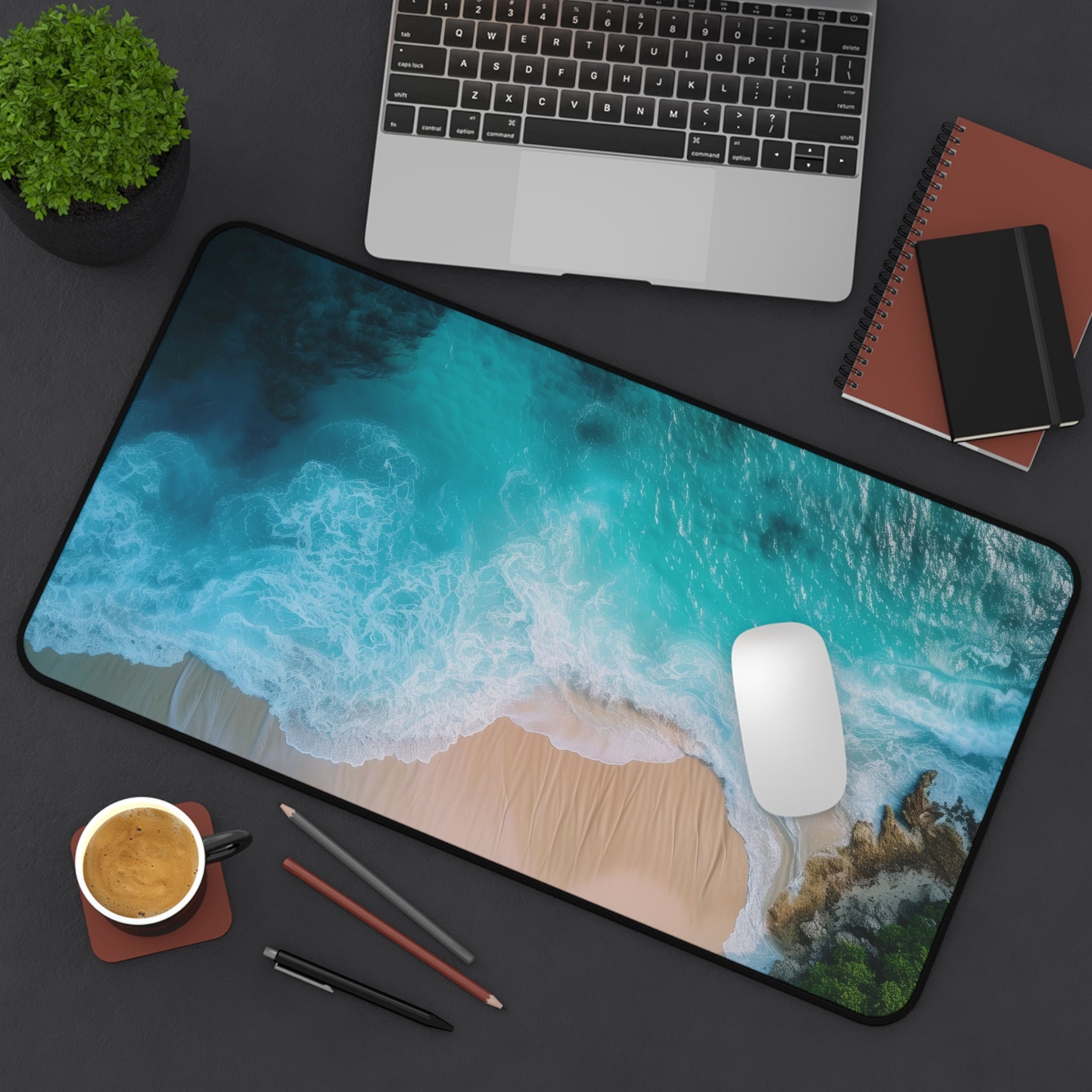 Captivating Coastal Deep Blue Waves Crashing Against Sandy Beach Desk ...