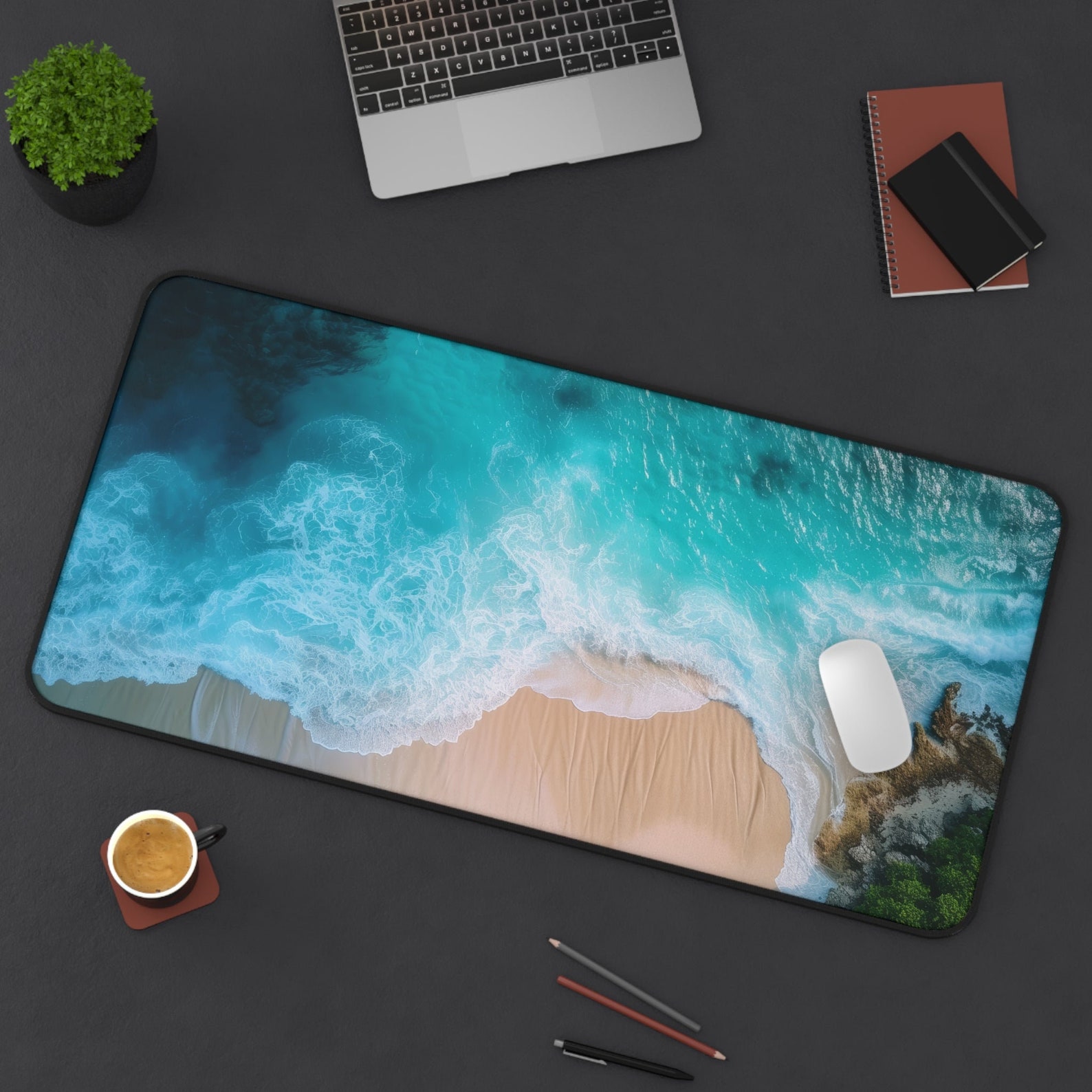 Captivating Coastal Deep Blue Waves Crashing Against Sandy Beach Desk ...