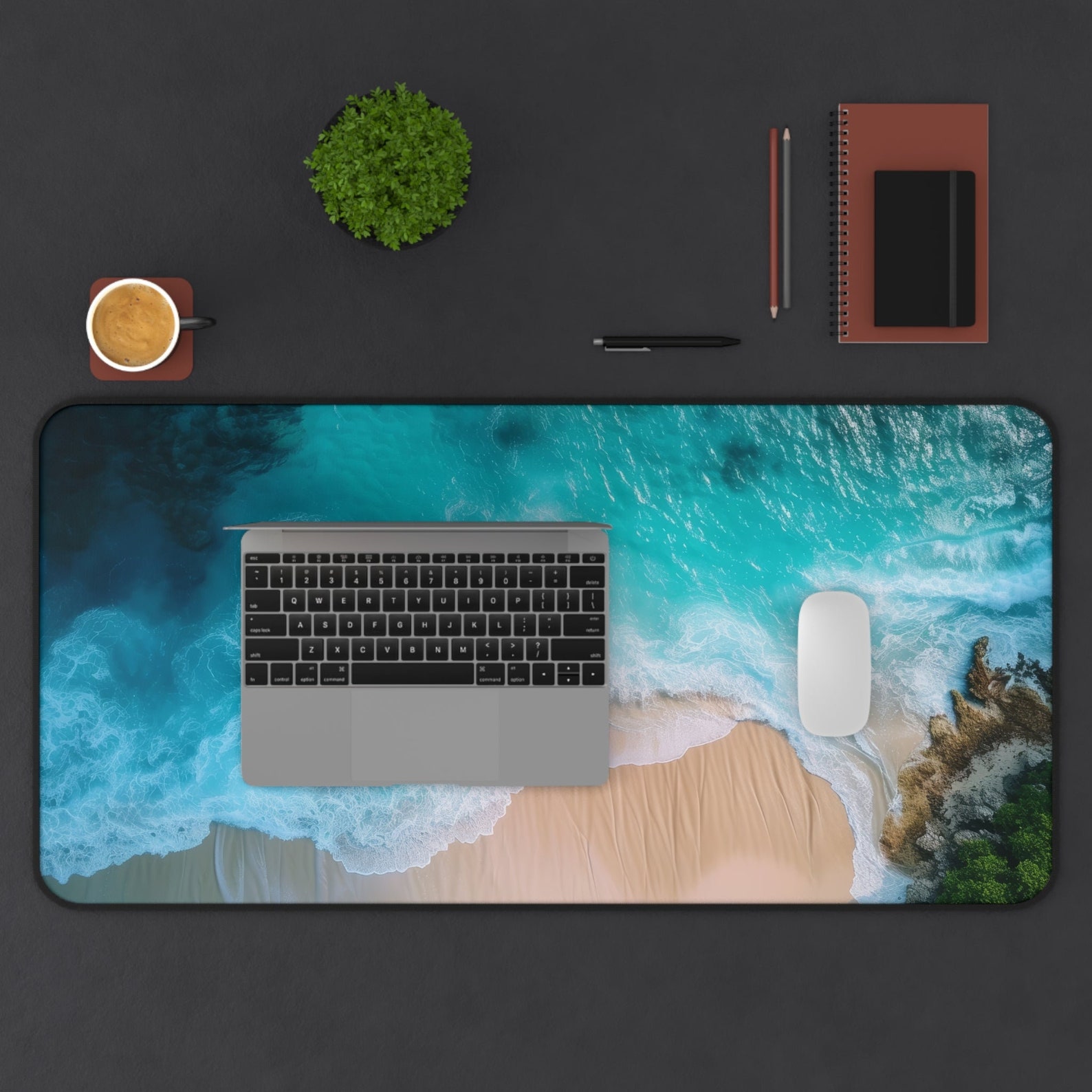 Captivating Coastal Deep Blue Waves Crashing Against Sandy Beach Desk ...