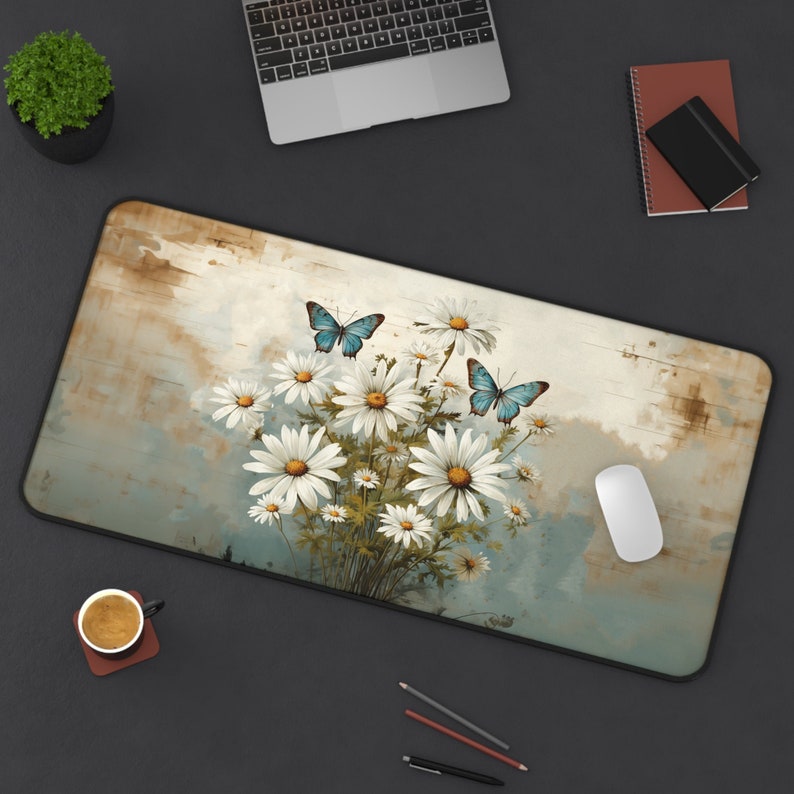 Rustic Farmhouse Daisy and Butterfly Design Large Gaming Mouse Pad Desk ...