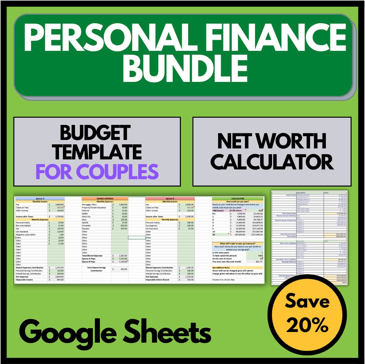 Personal Finance Bundle for Couples | Budget & Net Worth Tracker ...