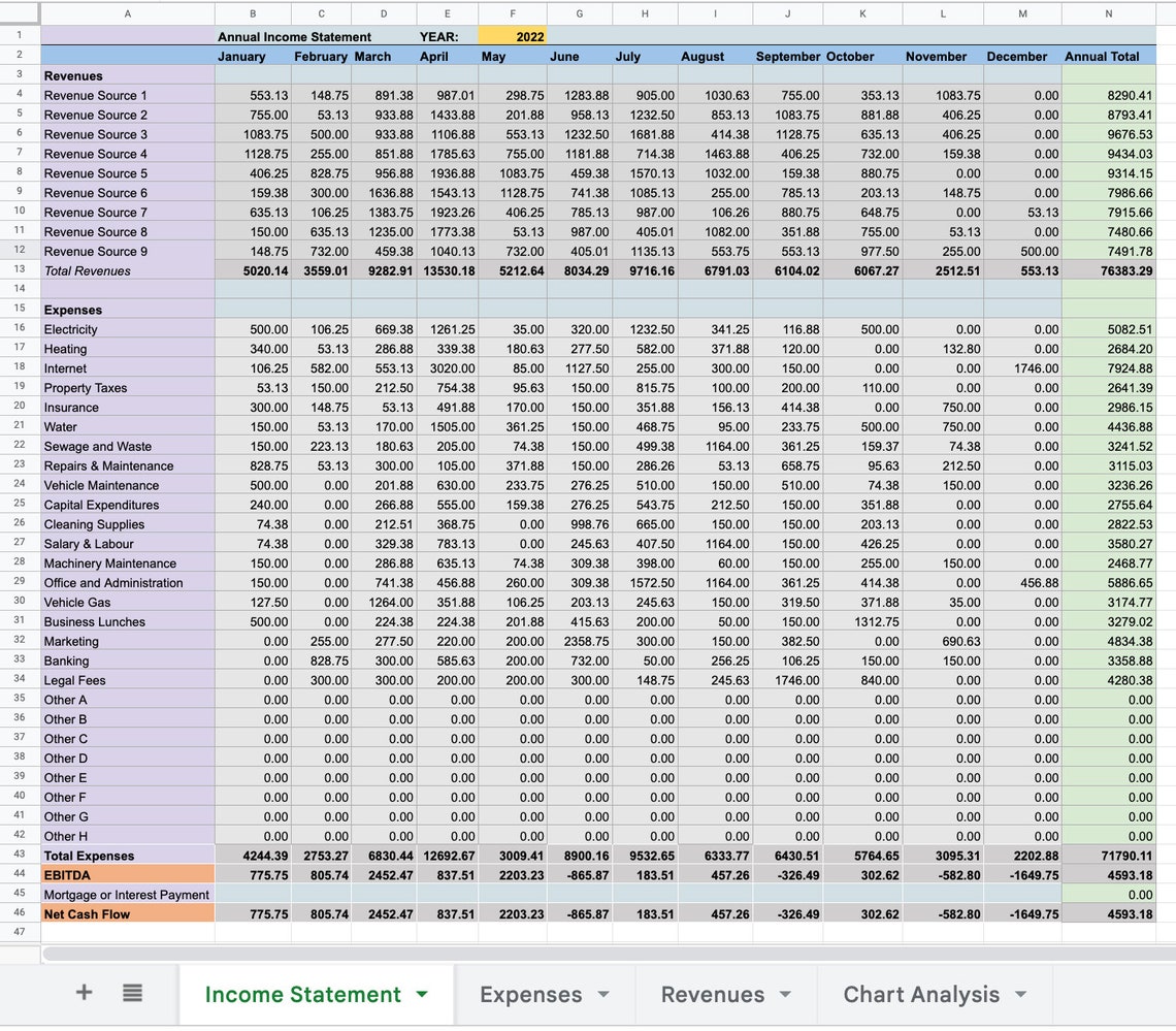Small Business Bookkeeping Income Statement Spreadsheet, Income and ...