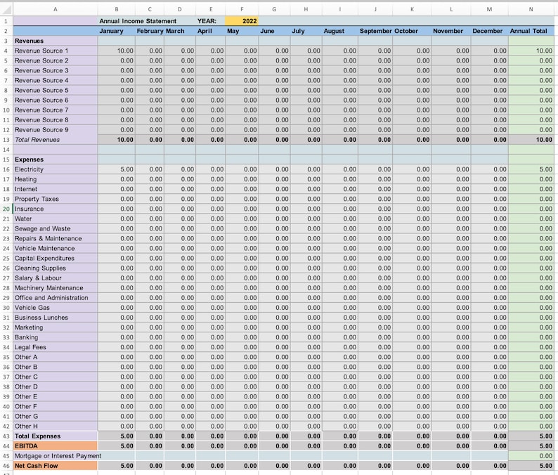 Small Business Bookkeeping Income Statement Spreadsheet, Income and ...