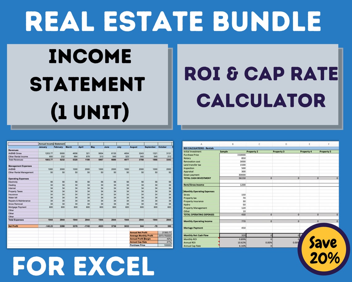 Income Statement & ROI Cap Rate Calculator Real Estate BUNDLE - Etsy